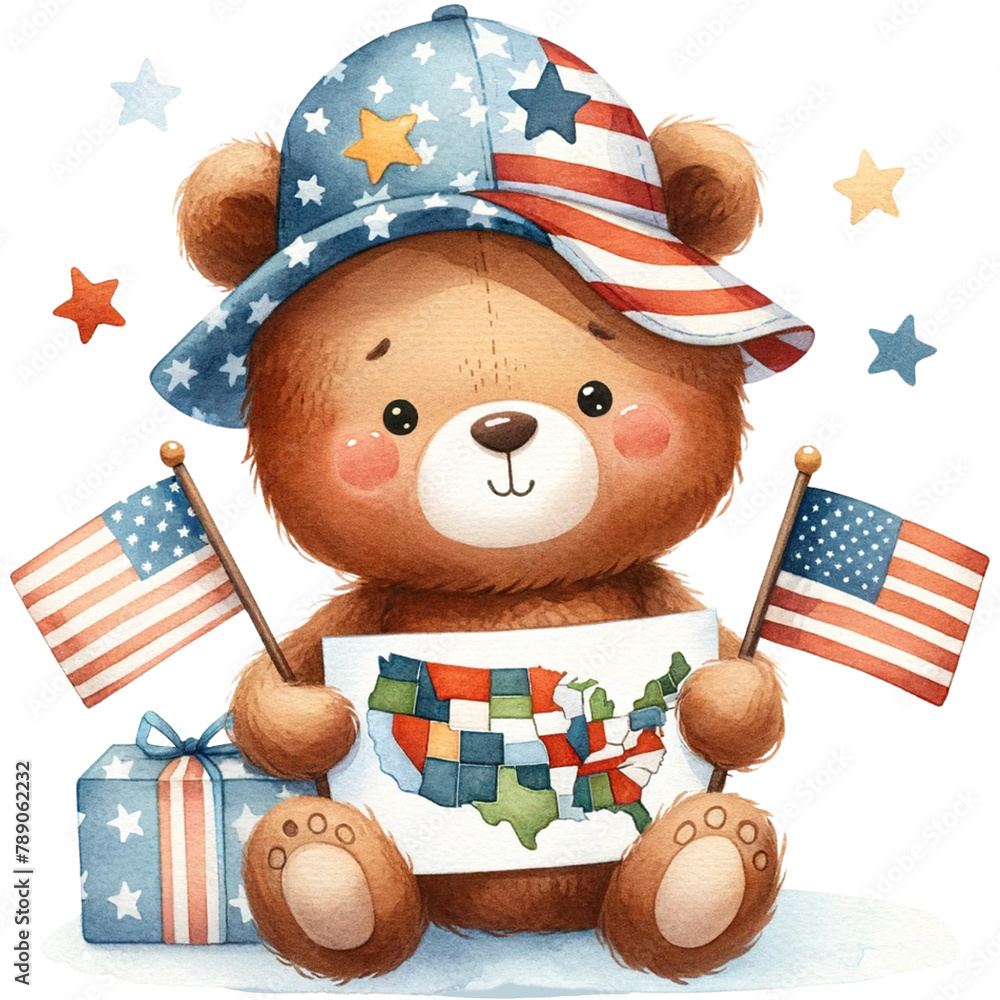 cute watercolor Patriotic Bear Clipart,American Pride,4th of July PNG ...
