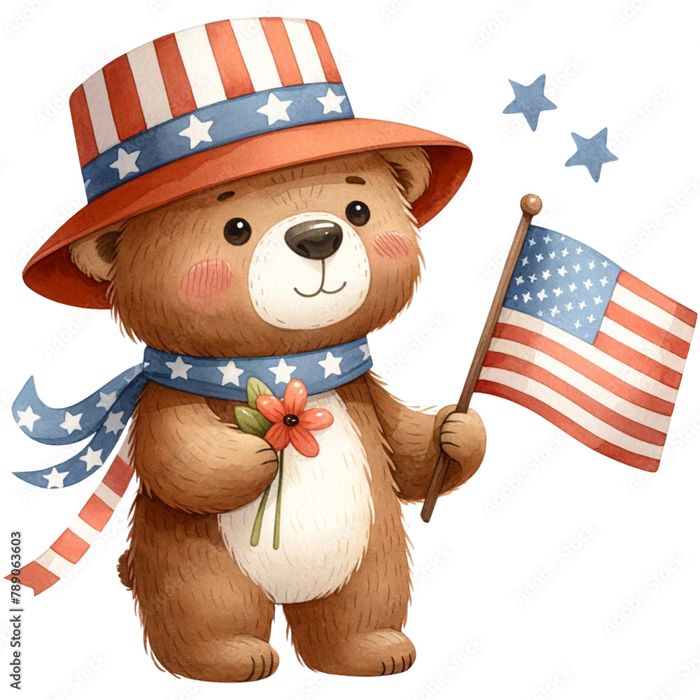 cute watercolor Patriotic Bear Clipart,American Pride,4th of July PNG ...