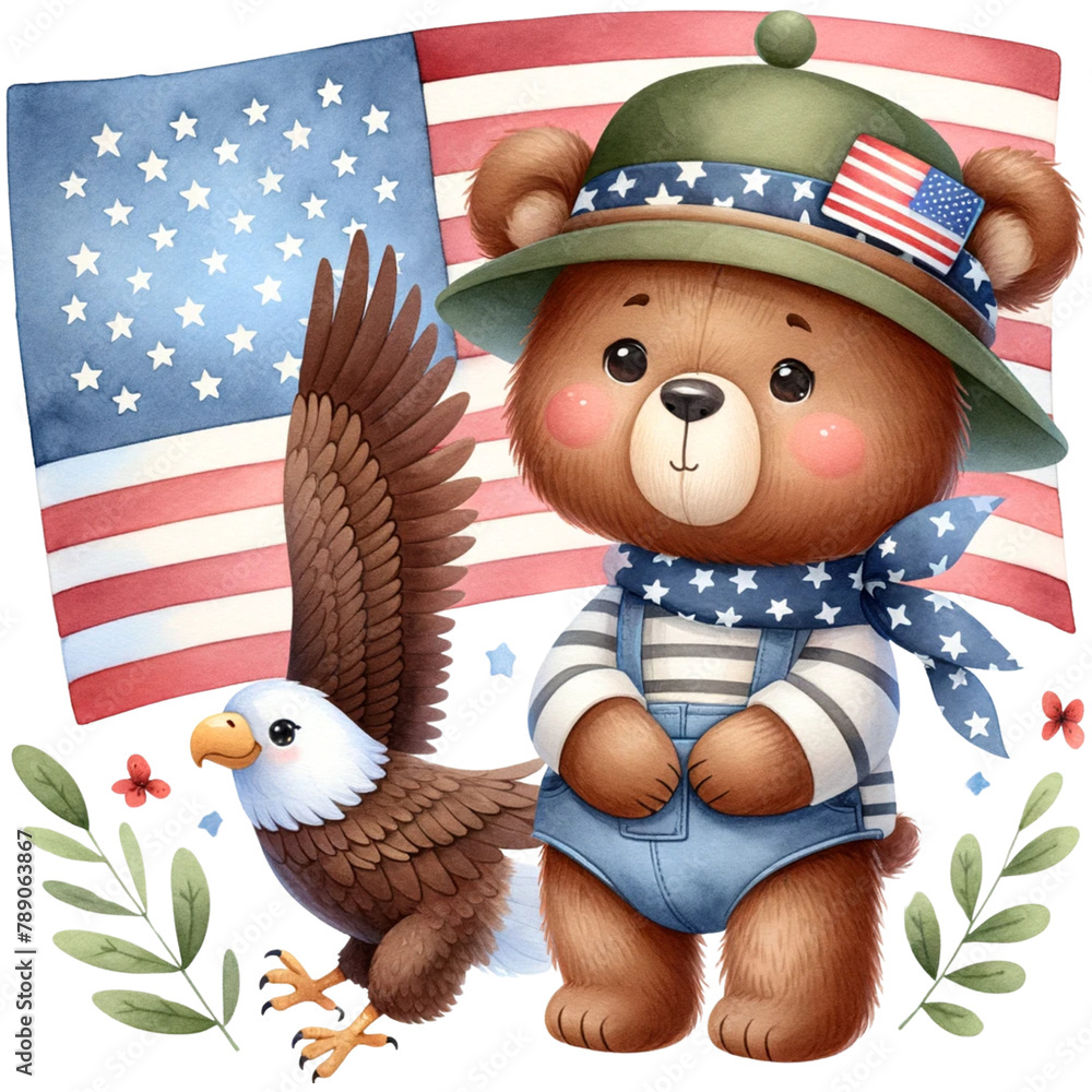 cute watercolor Patriotic Bear Clipart,American Pride,4th of July PNG ...