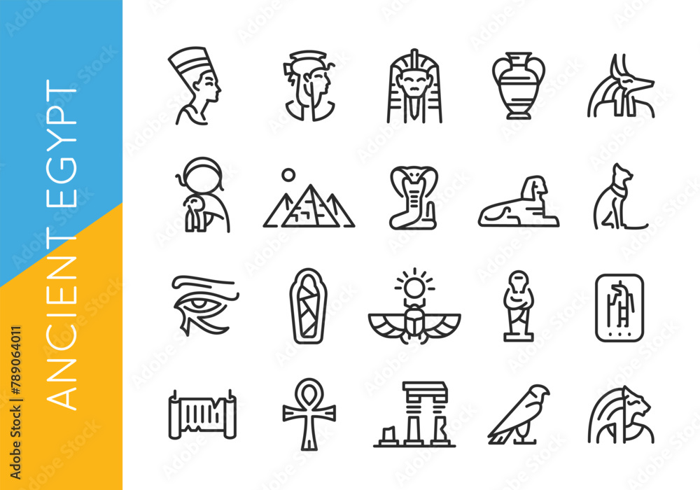 Ancient Egypt icons. Set of 20 trendy icons with key elements of ...
