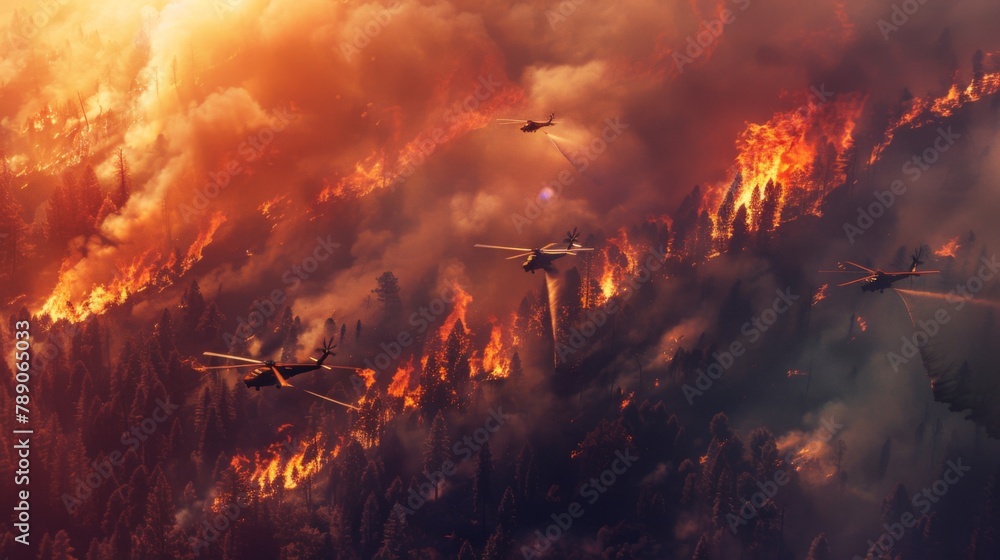 A dramatic aerial view of firefighters battling a raging wildfire from ...