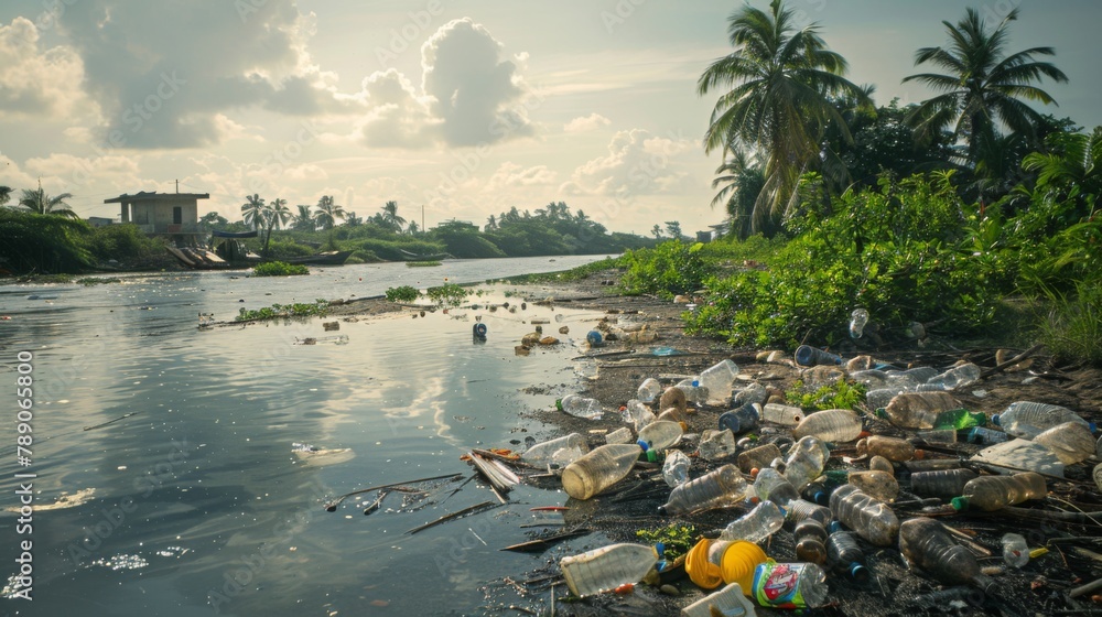 A garbage-filled river flowing into the sea, with plastic bottles and ...