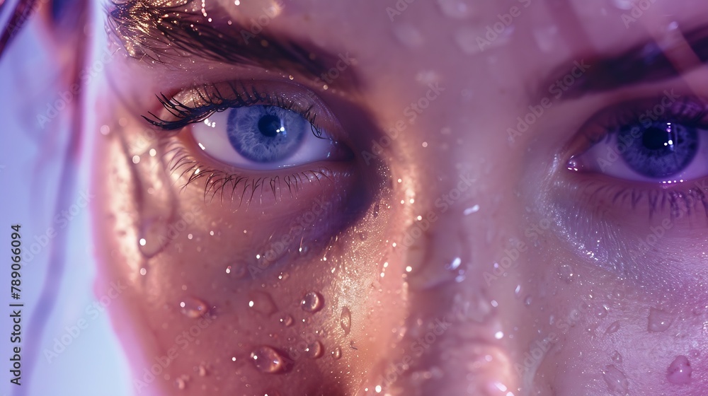Girls face with water drops on her face Looks at the camera Blue eyes ...