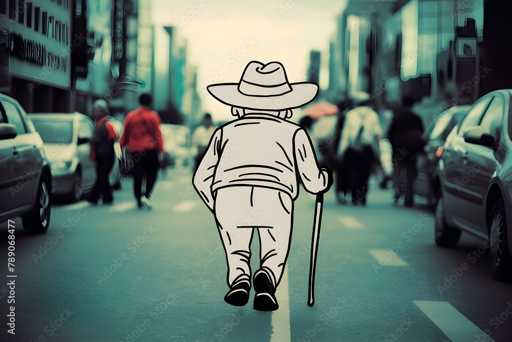 2D old man character walking in street with stick, old man line art ...