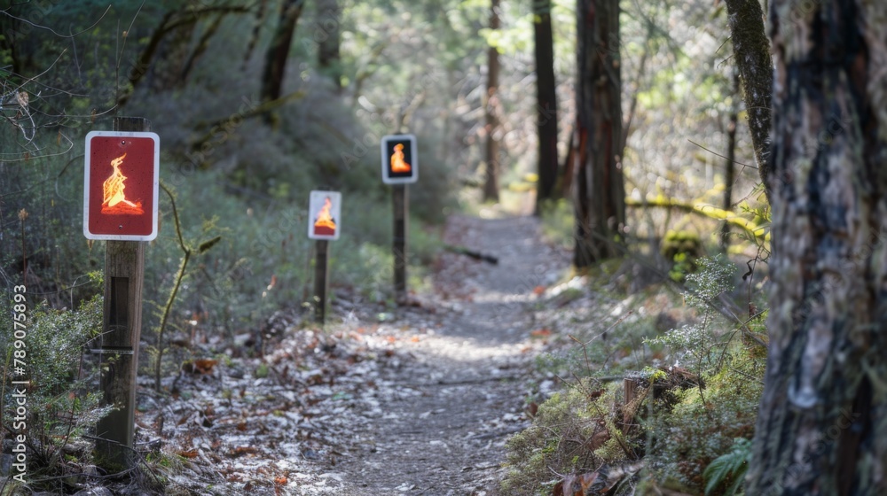 A series of informative signs warning hikers and campers about the ...