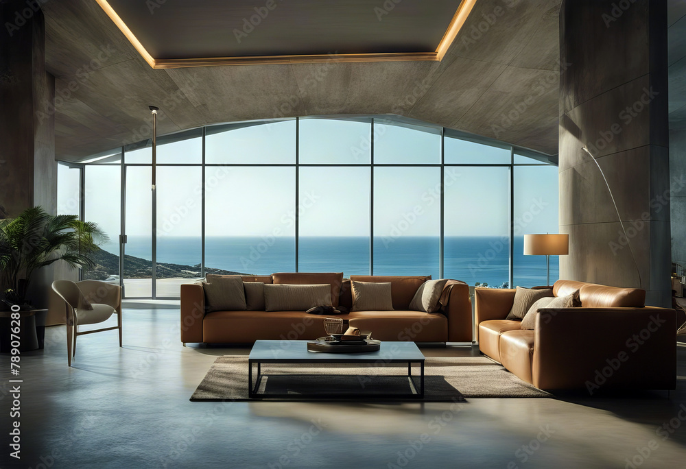 modern empty background living wall sea lounge interior view design ...
