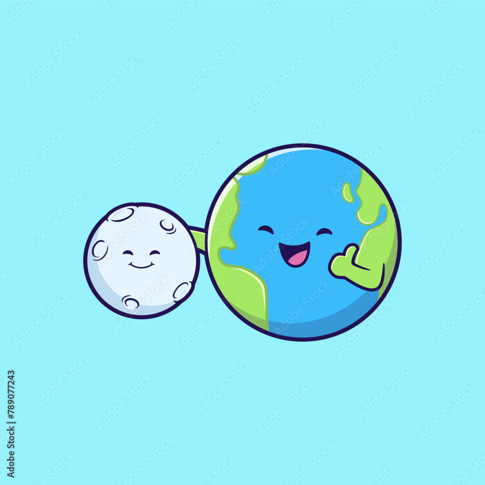Cute earth with moon cartoon character. World mascot icon concept. Flat ...