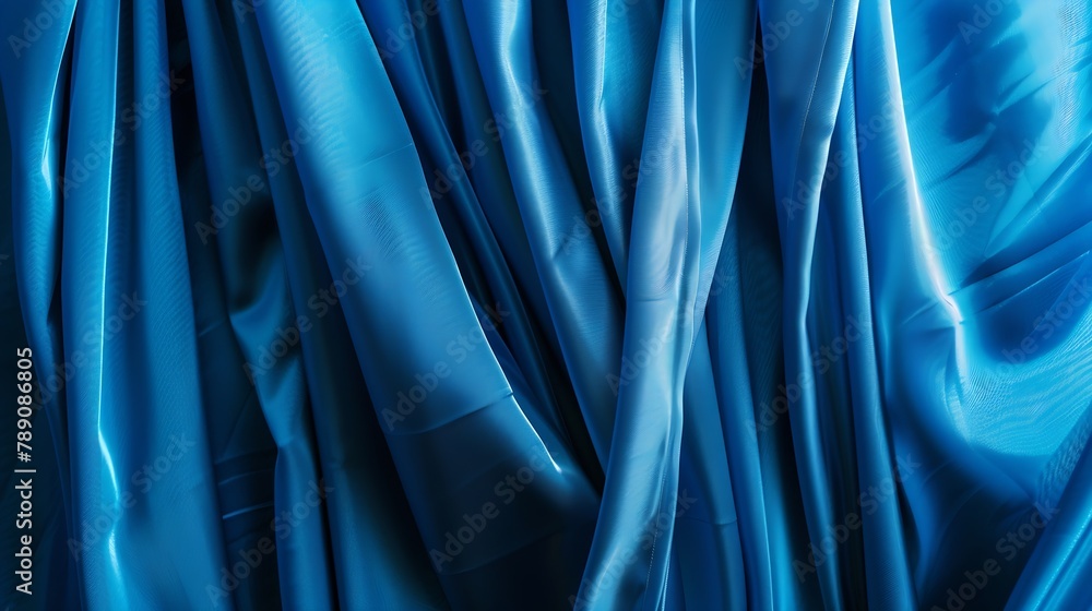 Closeup view of bright blue curtain in thin and thick vertical folds ...