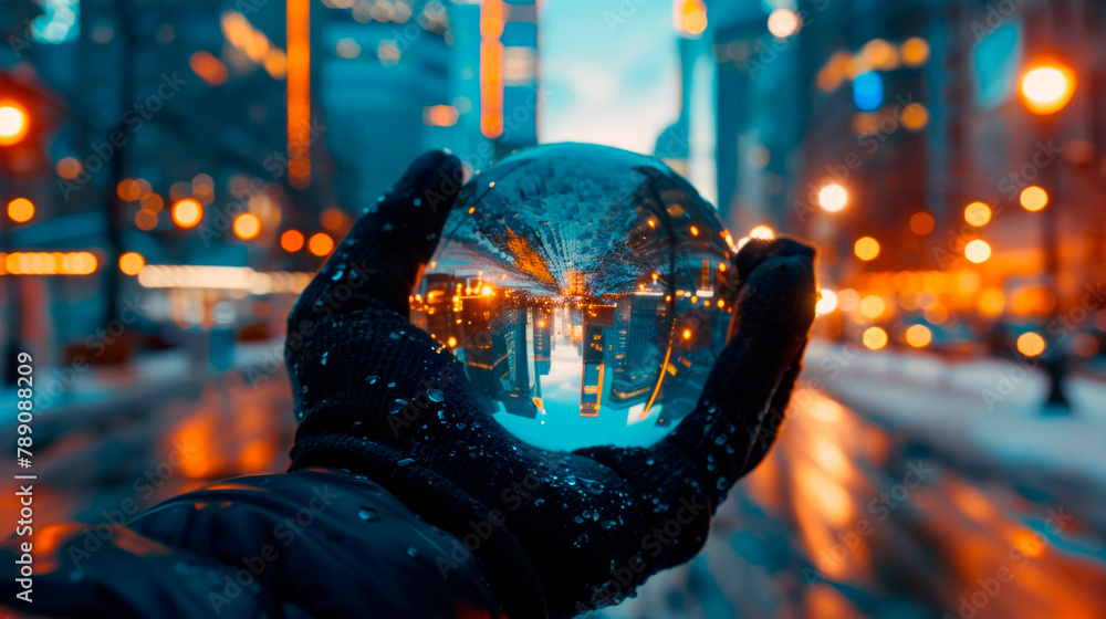 Gloved hand holds a glass sphere in an urban night setting, inverting ...