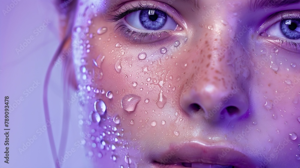 Girls face with water drops on her face Looks at the camera Blue eyes ...
