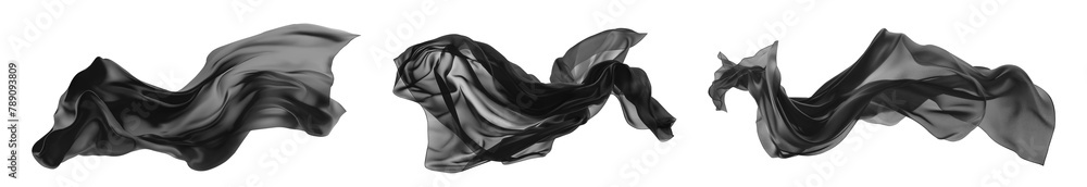 Collection set of black long silk satin cloth fabric floating flying in ...