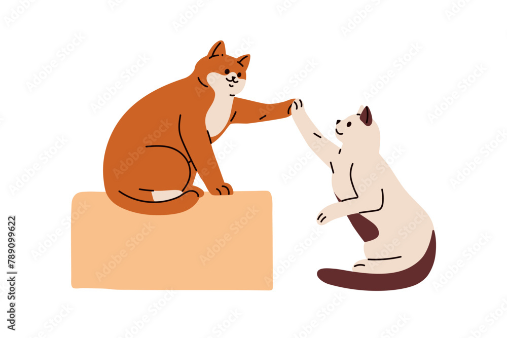 Cute cats giving high five. Friendly feline animals greeting with paw ...