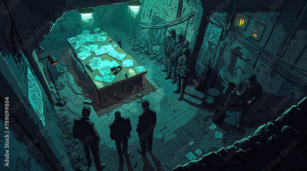 Illustrate a top-down view of a secret meeting among a group of ...