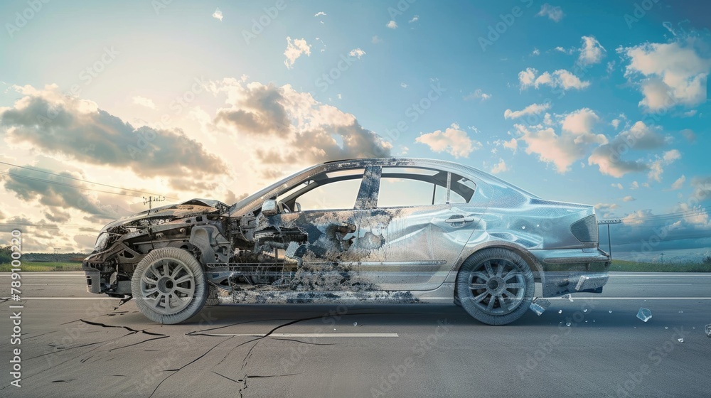 Digital transition of car from pristine to wreckage on road, depicting ...