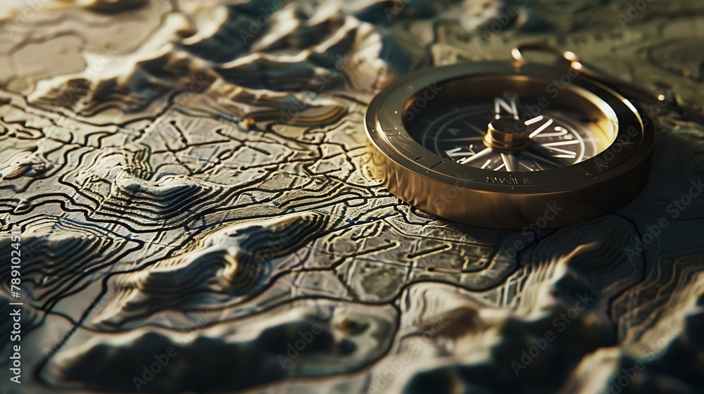 Topographical map showing contour lines with classic compass laid on ...
