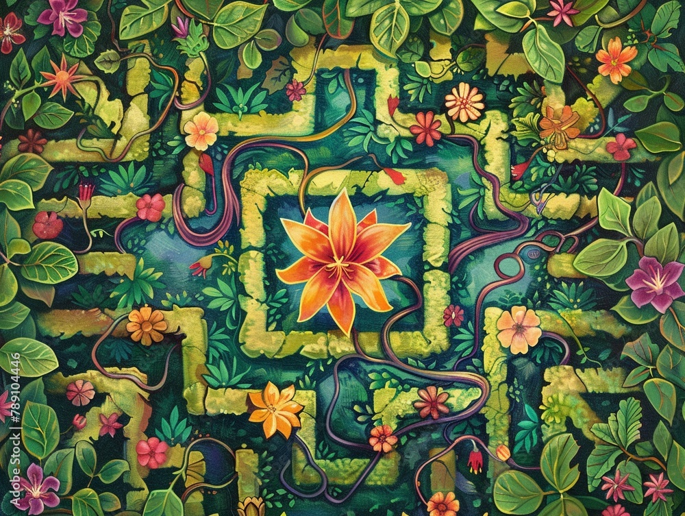 A mystical garden maze where adventurers, equipped with maps and ... A mystical garden maze where adventurers, equipped with maps and ...