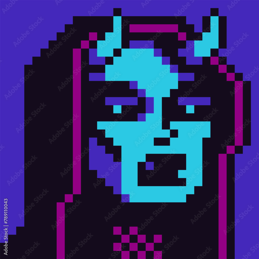 Pixel art creepy girl, witch, face with horns, Halloween costume scary ...