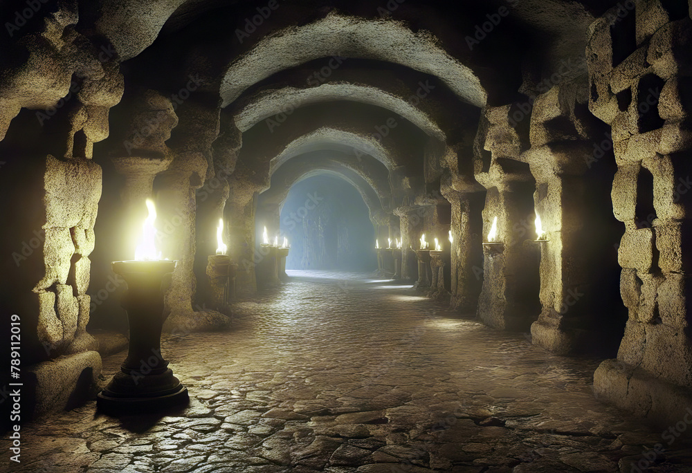 catacombs torches nightmare Rendering Mystical endless medieval 3D ...