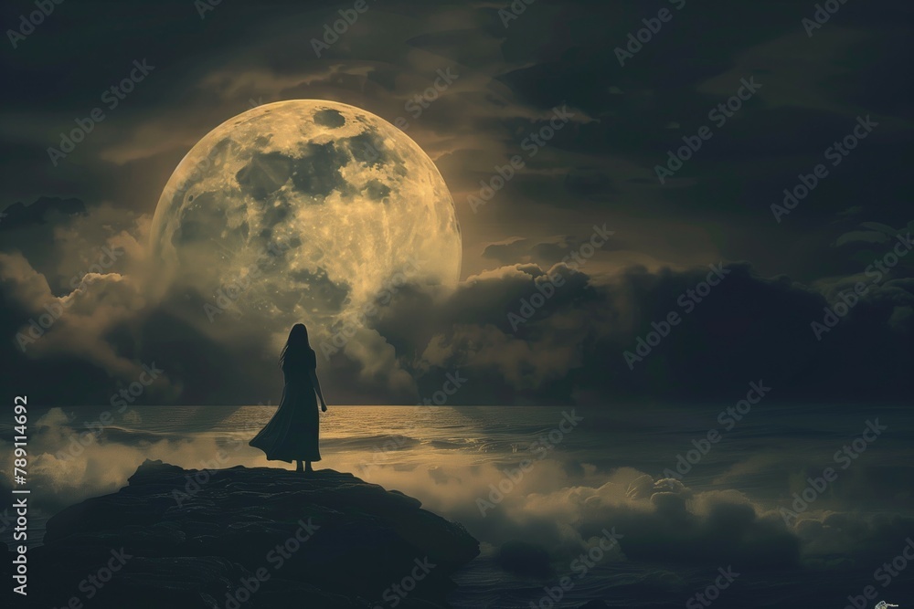 Lonely woman silhouette against stormy ocean and big detailed rising ...