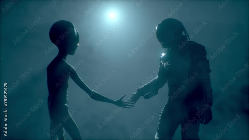 Astronaut meets a grey alien and shakes his hand. First contact. Alien ...