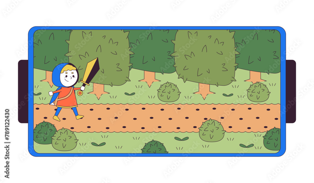 Arcade adventure game on phone 2D linear cartoon object. Knight boy ...