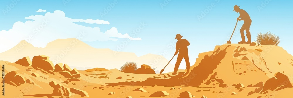 Two men digging in the desert. One of them is wearing a hat. The other ...