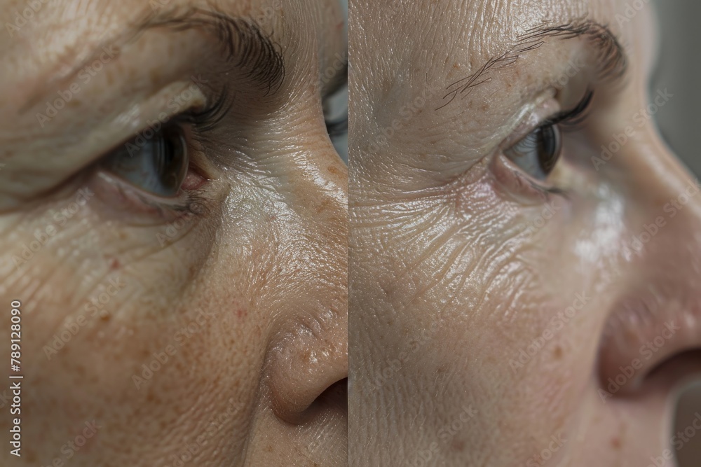 Before and after close-up view of a woman's face showing skin treatment ...