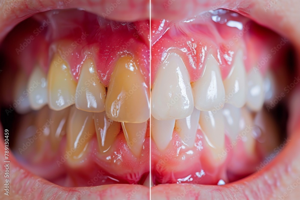 Dramatic comparison of unhealthy and healthy human gums and teeth Stock ...