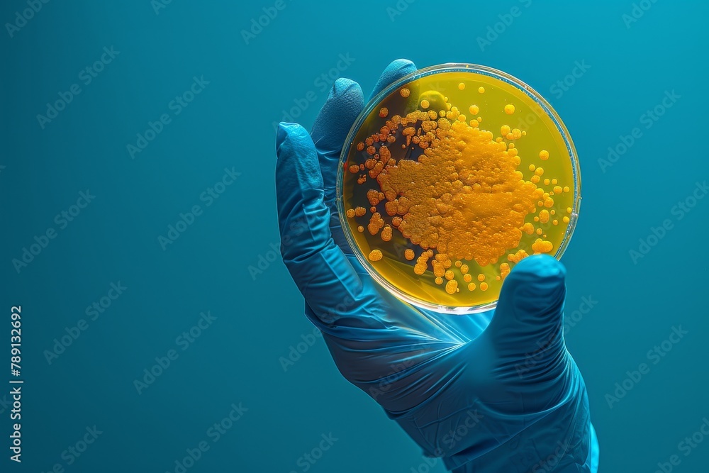 Brilliant orange bacterial colonies artfully populate a petri dish ...