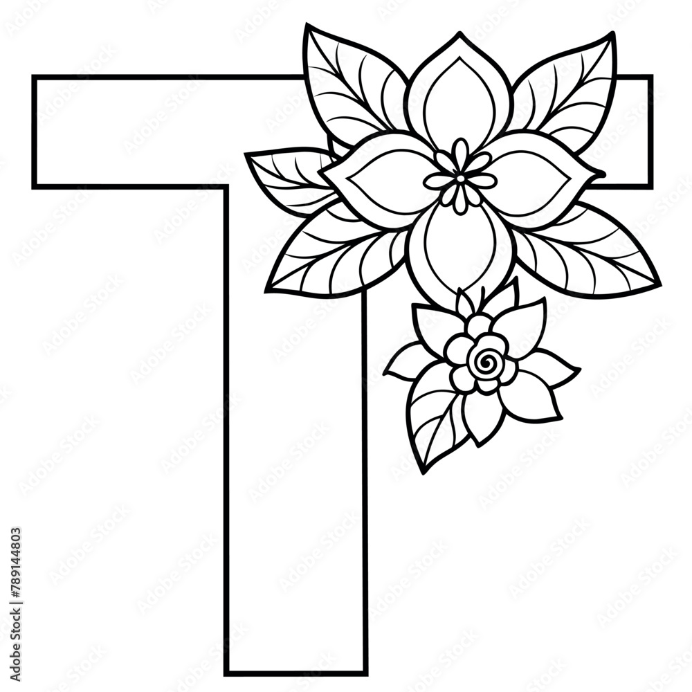 Alphabet T coloring page with the flower, T letter digital outline ...