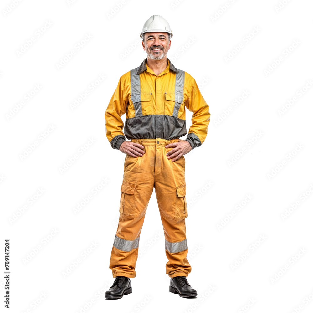 Middle aged worker, full length smiling man in work clothes, isolated ...