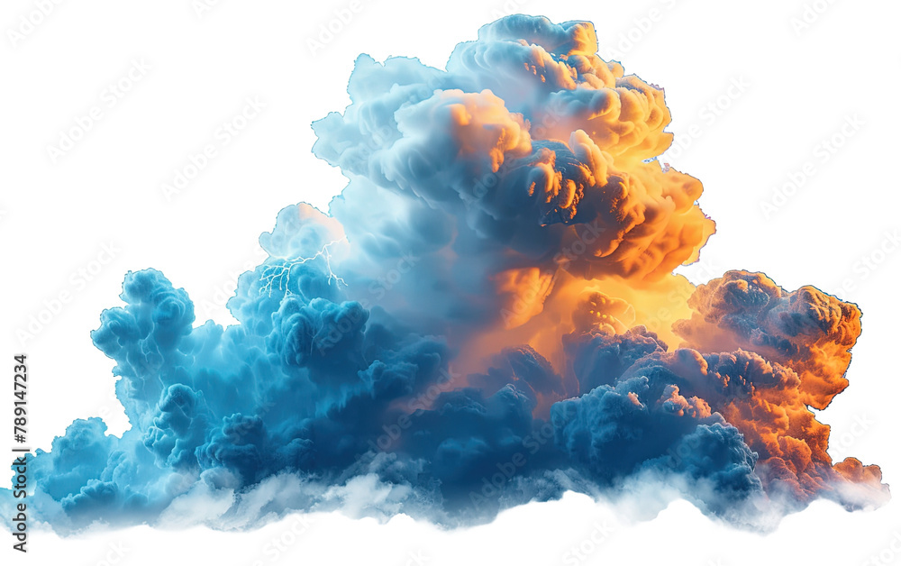 Blue and orange storm clouds with lightnings on transparent background ...