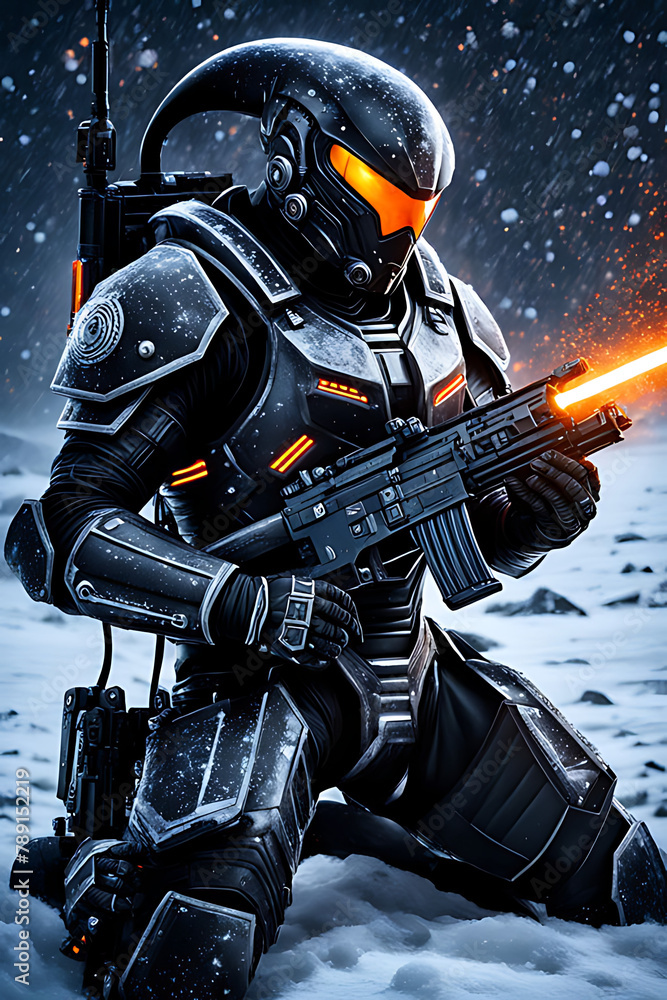 A futuristic soldier in full body armor, kneeling in the snow with a ...