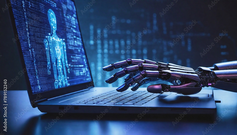 Cybersecurity concept. Robotic Hands interacting with cyber laptop and ...