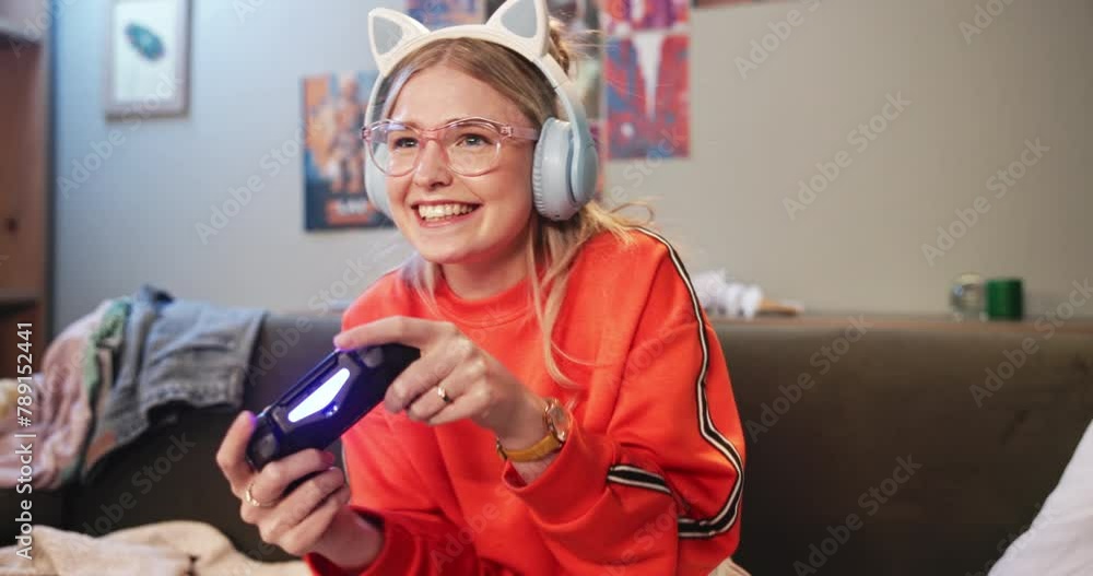 Girl, controller or play to focus on gaming, virtual or challenge of ...