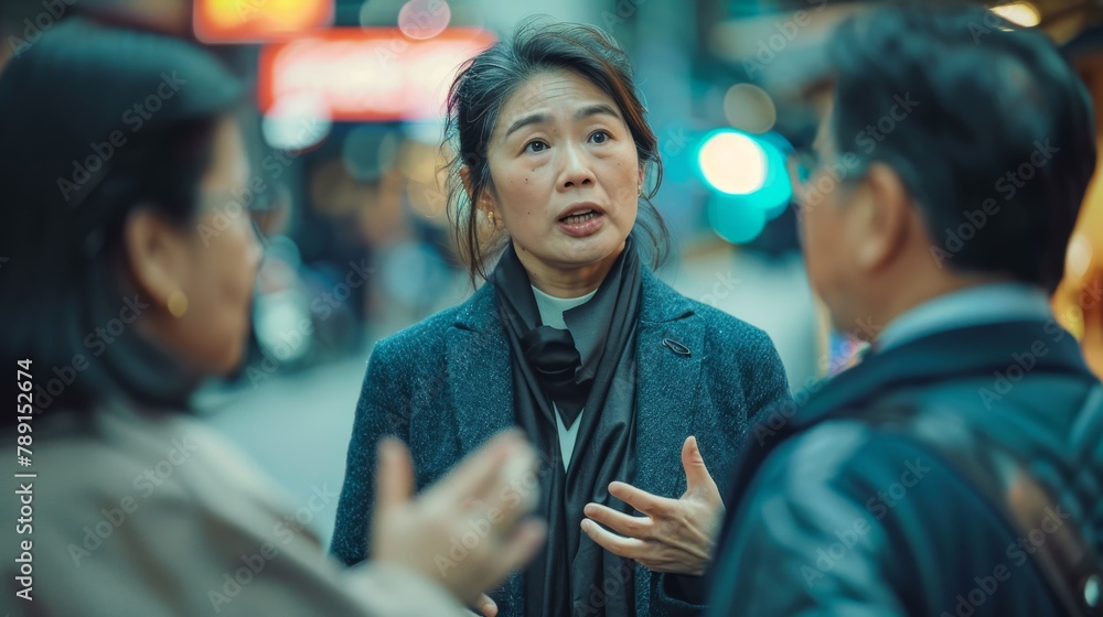 Intense negotiation by an Asian businesswoman with clients on a busy ...