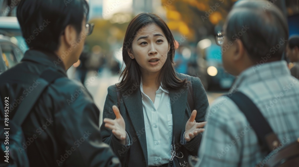 Intense negotiation by an Asian businesswoman with clients on a busy ...