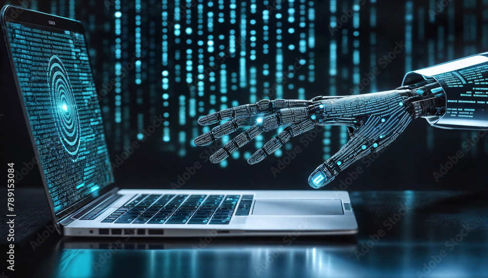 Cybersecurity concept. Robotic Hands interacting with cyber laptop and ...