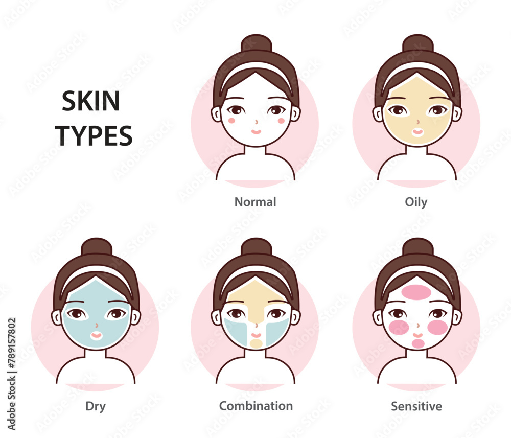 Different skin types vector set isolated on white background. Cute girl ...