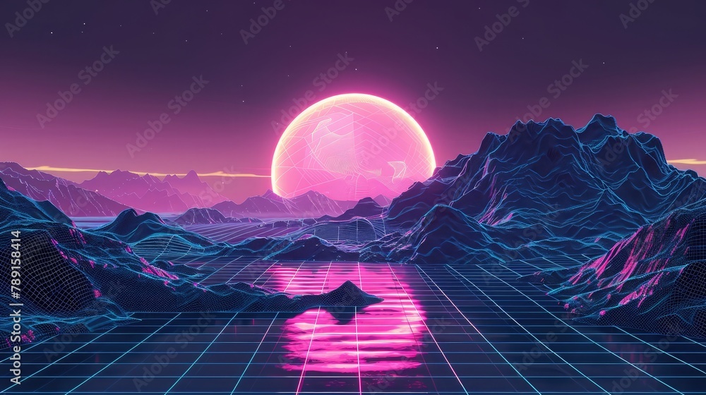 Neo tech background with neon circle on wireframe landscape. Modern ...