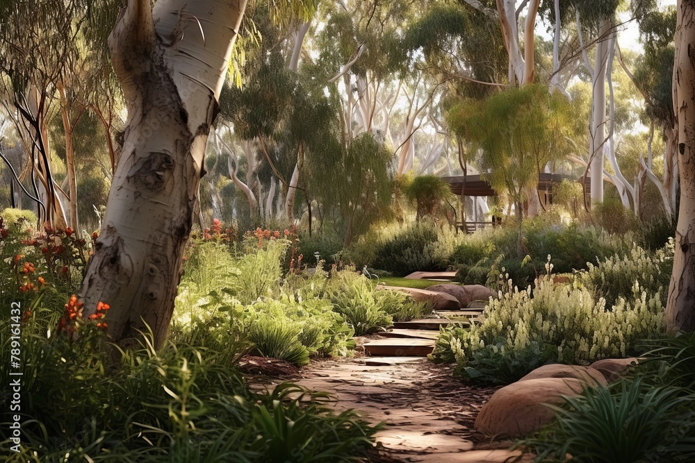 Native Flora Wonderland: Eucalyptus Shade Trees in Outback Oasis Gardens Stock Illustration ...