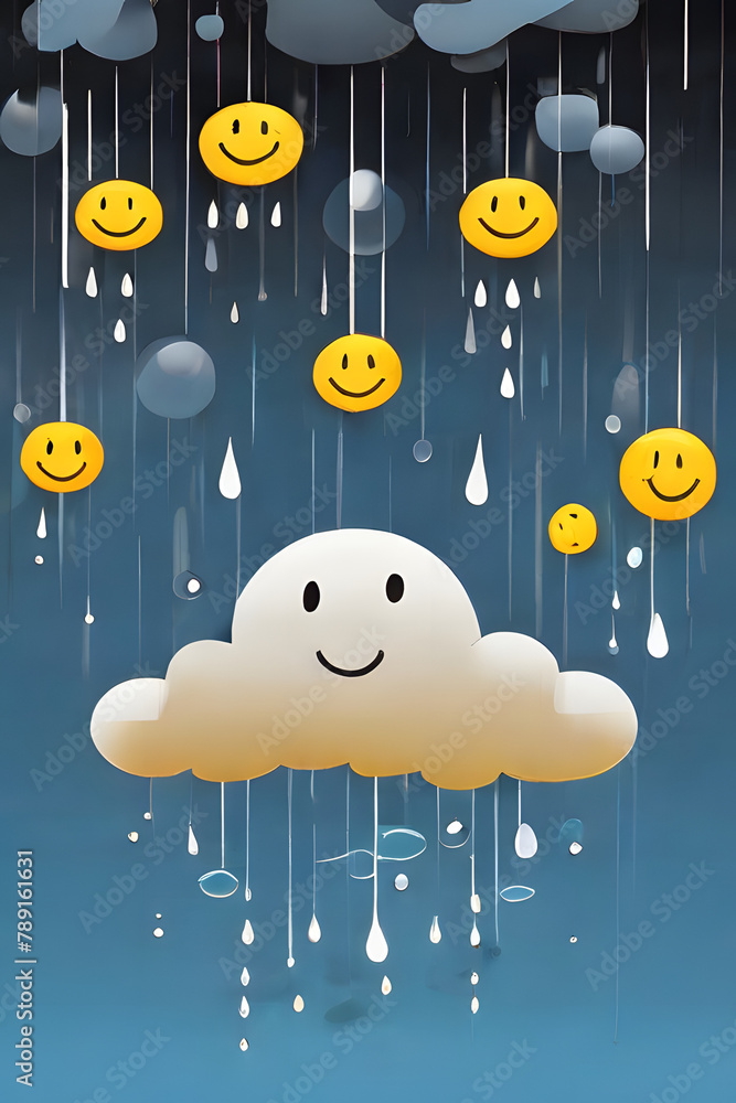 llustration of a smiling cloud with rosy cheeks, raining droplets on a ...