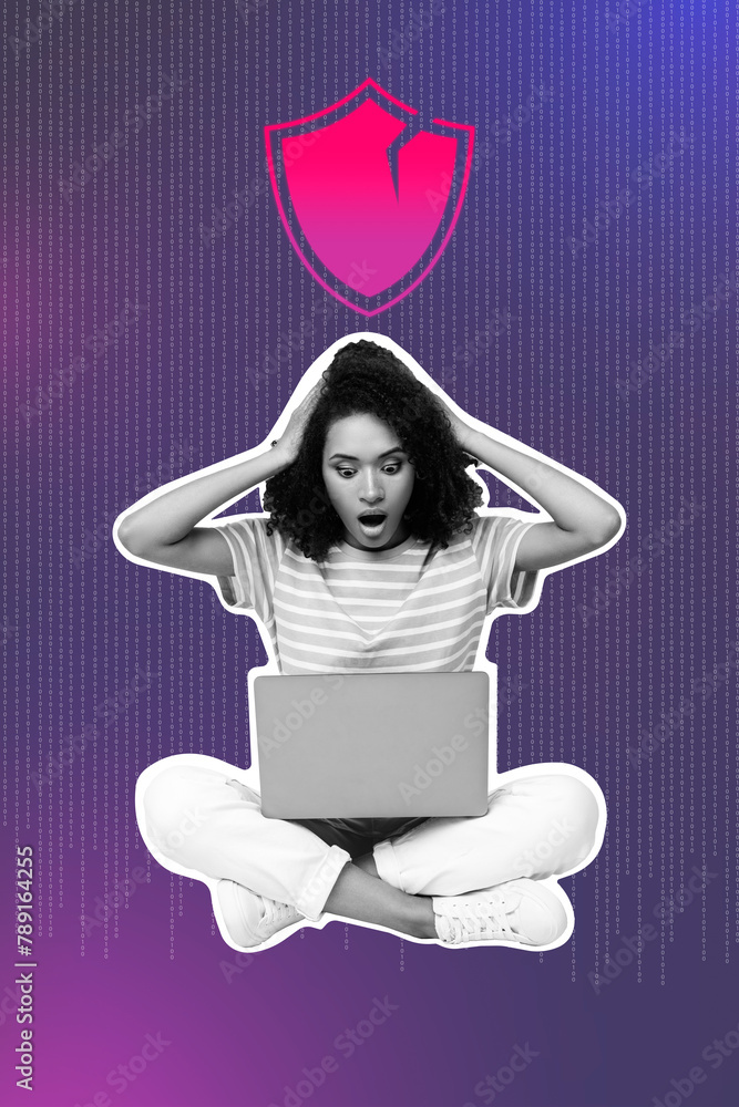 Vertical photo collage of young girl hold head fear surprise cyber ...