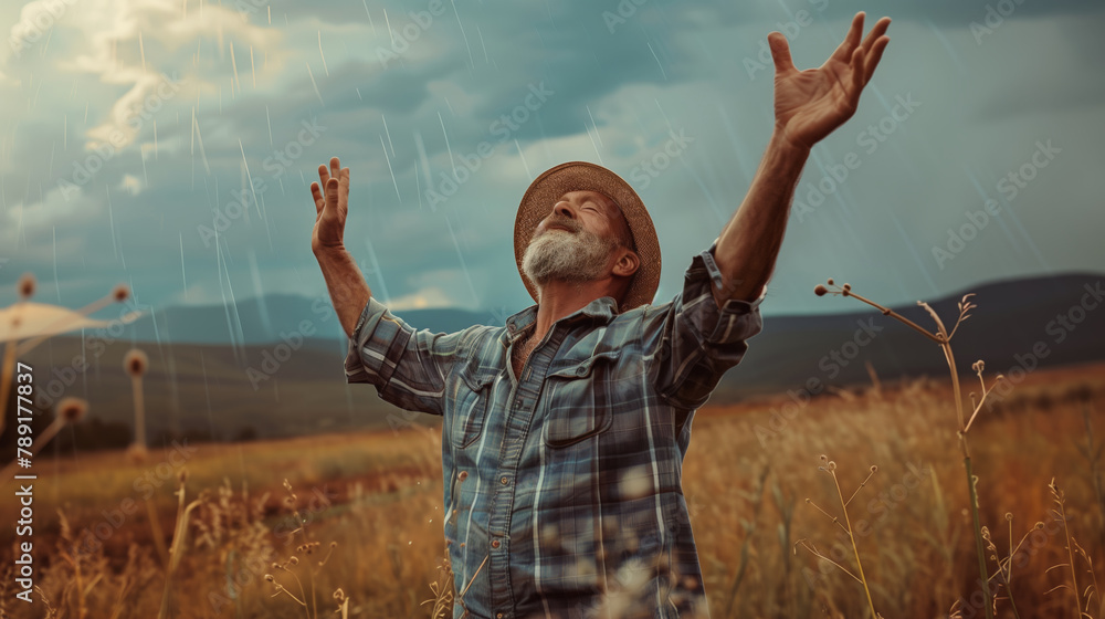 A happy farmer man in a straw hat stands in a field and raises his ...