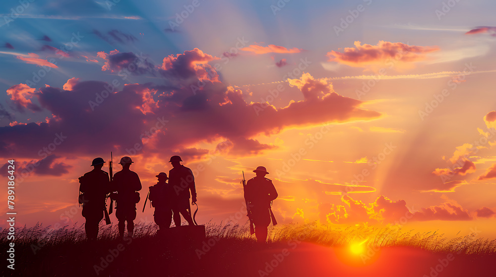 Anzac Day silhouette of soldiers sunset Australian World War One Digger ...
