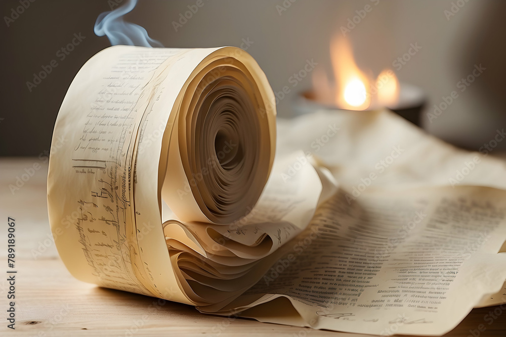vintage charm of an old roll of paper with burning curves, evoking a ...