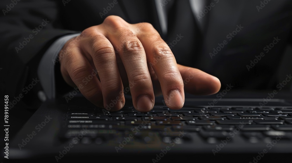 Black laptop computer with close-up of fingers holding down Shift and ...