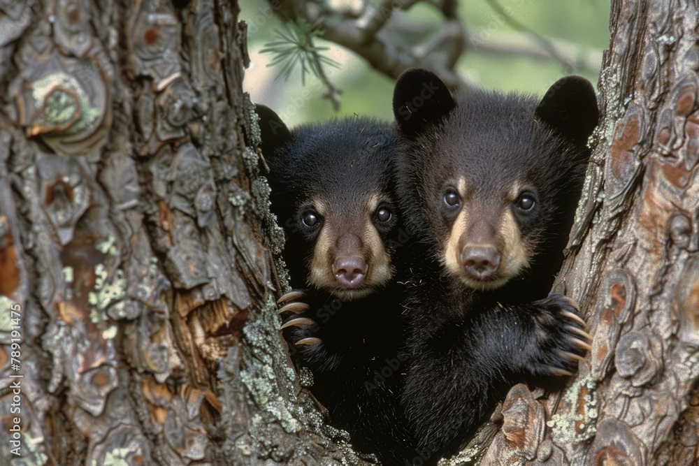 Black Bear Cubs in Natural Habitat. Twin Cubs Playing Amongst Trees in ...