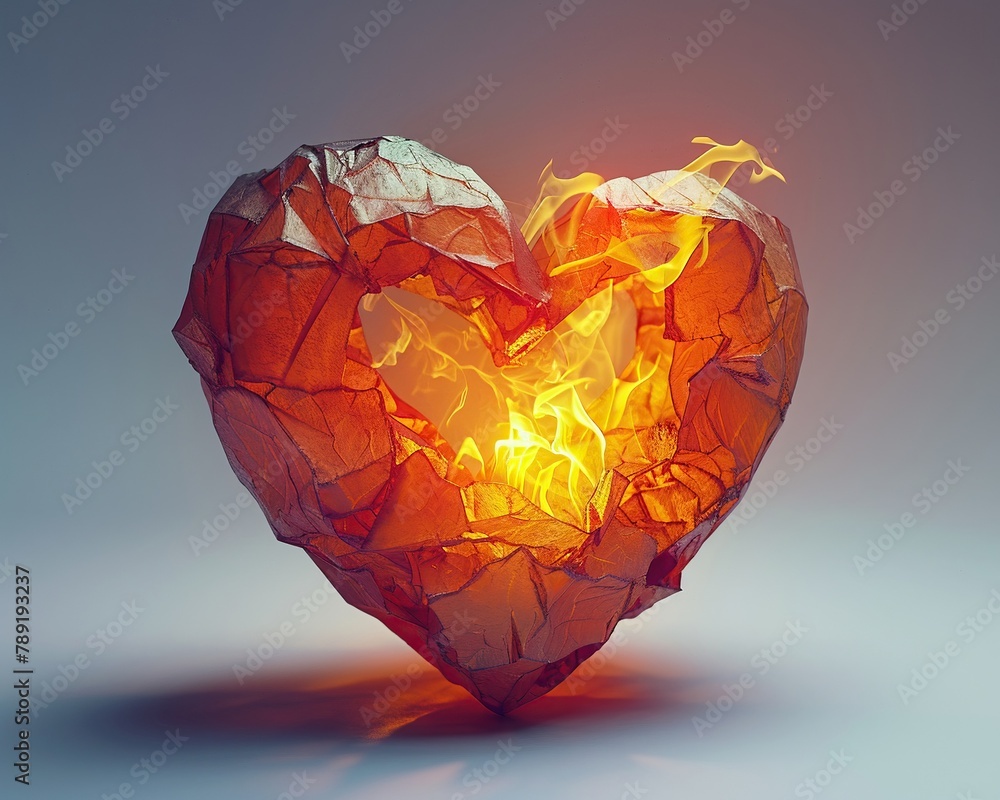 3D paper heart, damaged and singed, enveloped in flames, symbolizing ...