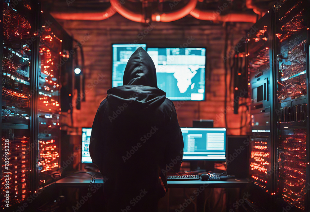 hacker hooded back shot everywhere cables dark place hideout servers ...